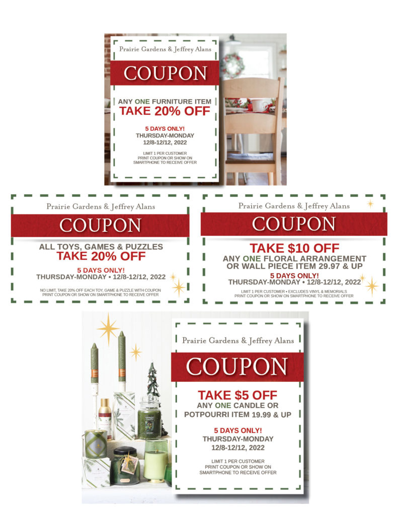 JEFFREY ALANS 12.8-12.12 COUPONS | Prairie Gardens & Jeffrey Alans